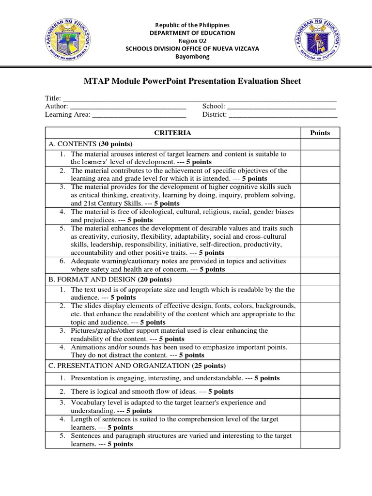 Mtap Module Powerpoint Presentation Evaluation Sheet: Criteria Points ...