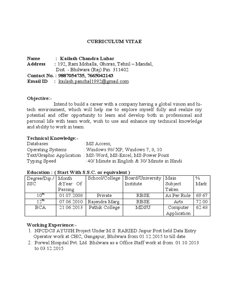 A Concise and Insightful Curriculum Vitae for Kailash Chandra Luhar Summarizing His Education ...