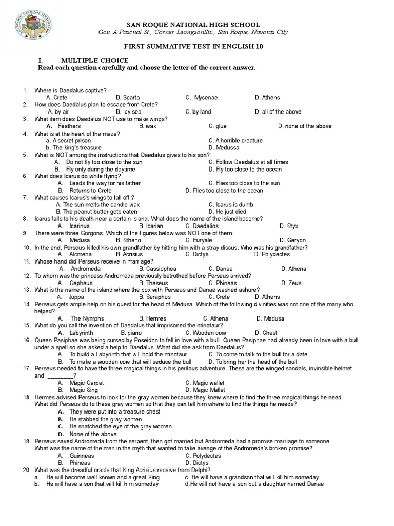 Summative Test GR.10 | PDF | Mythological Greek Characters | Ancient ...