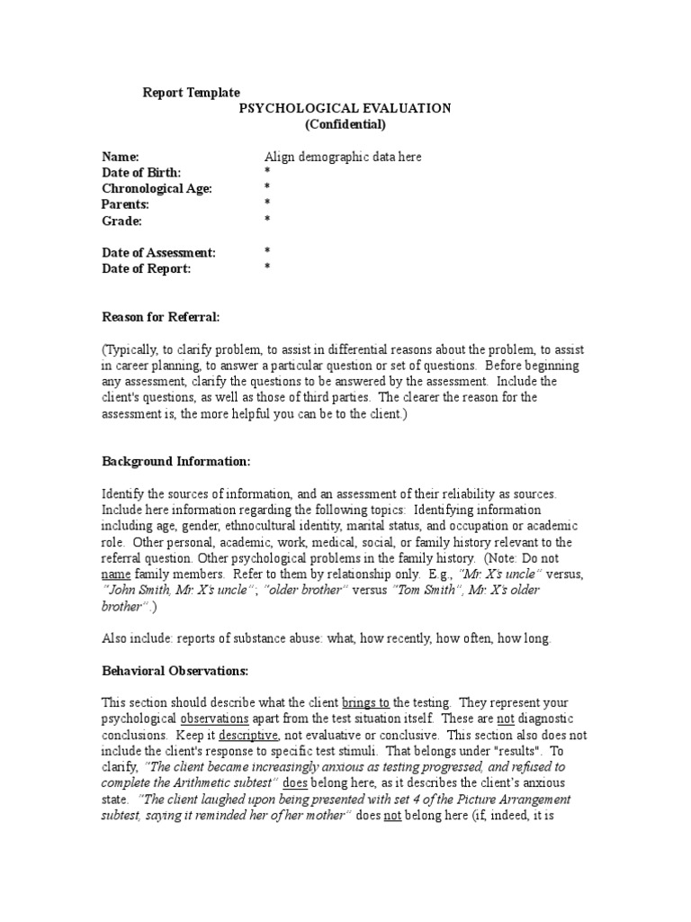 Confidential Psychological Evaluation Template | PDF | Wechsler Adult ...