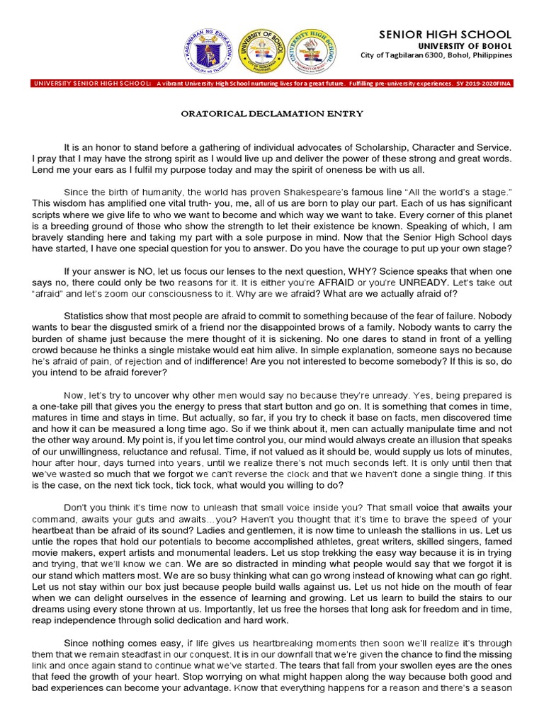 Senior High School: Oratorical Declamation Entry | PDF | Language Arts ...