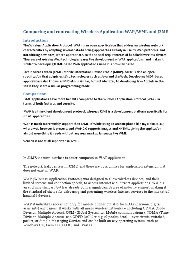 Comparing and Contrasting Wireless Application WAP and J2ME | Download Free PDF | Information ...