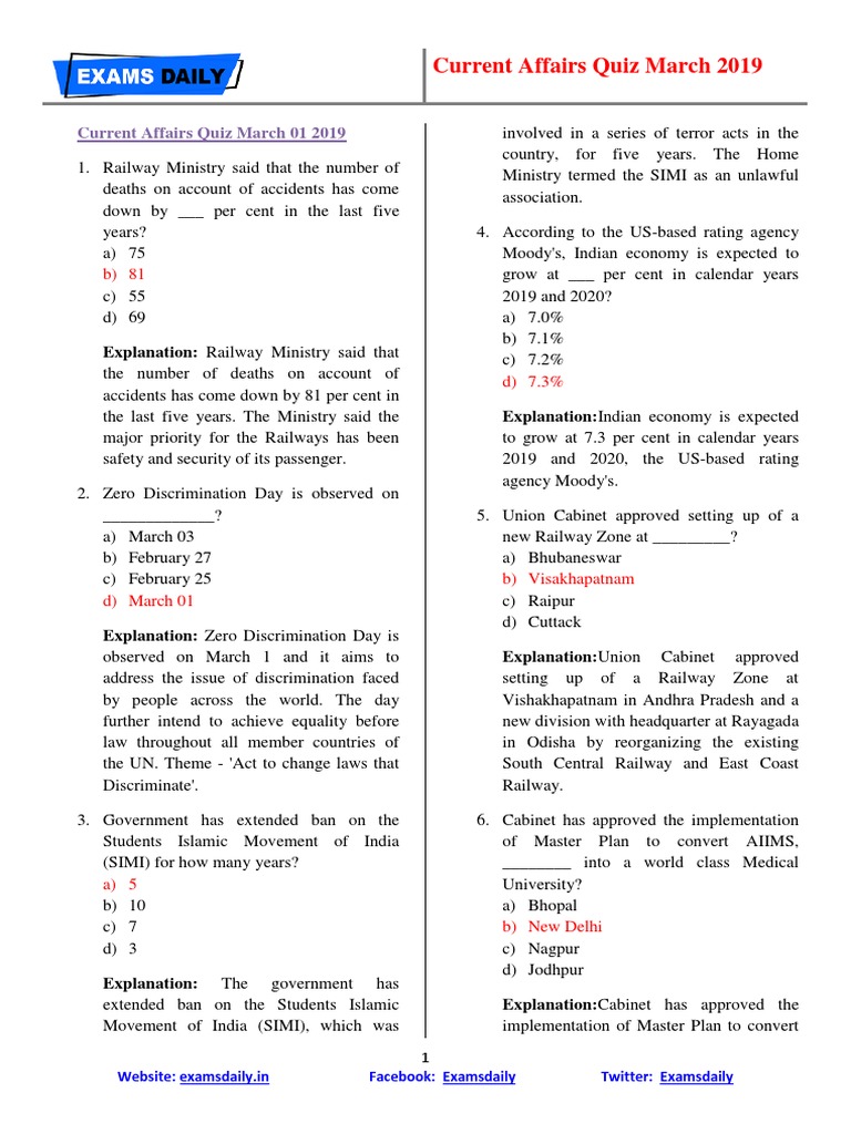 Current Affairs Quiz March 01 2019 | PDF | Roger Federer | Business