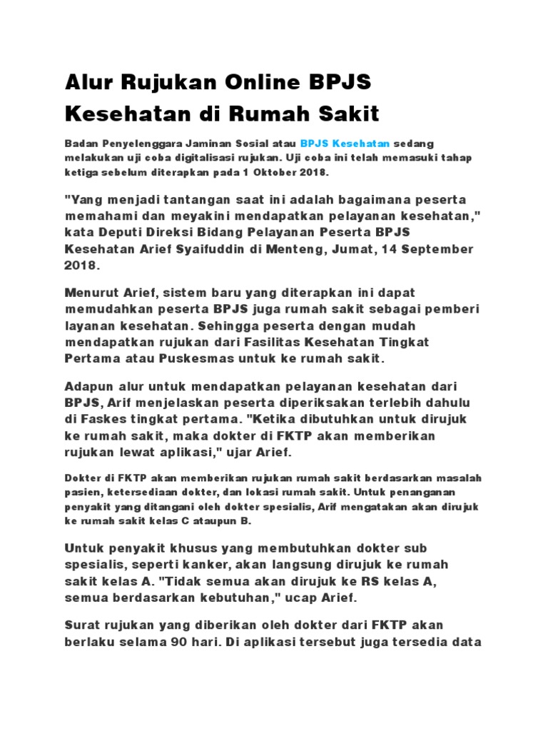 Alur Rujukan Online BPJS Kesehatan Di Rumah Sakit | PDF