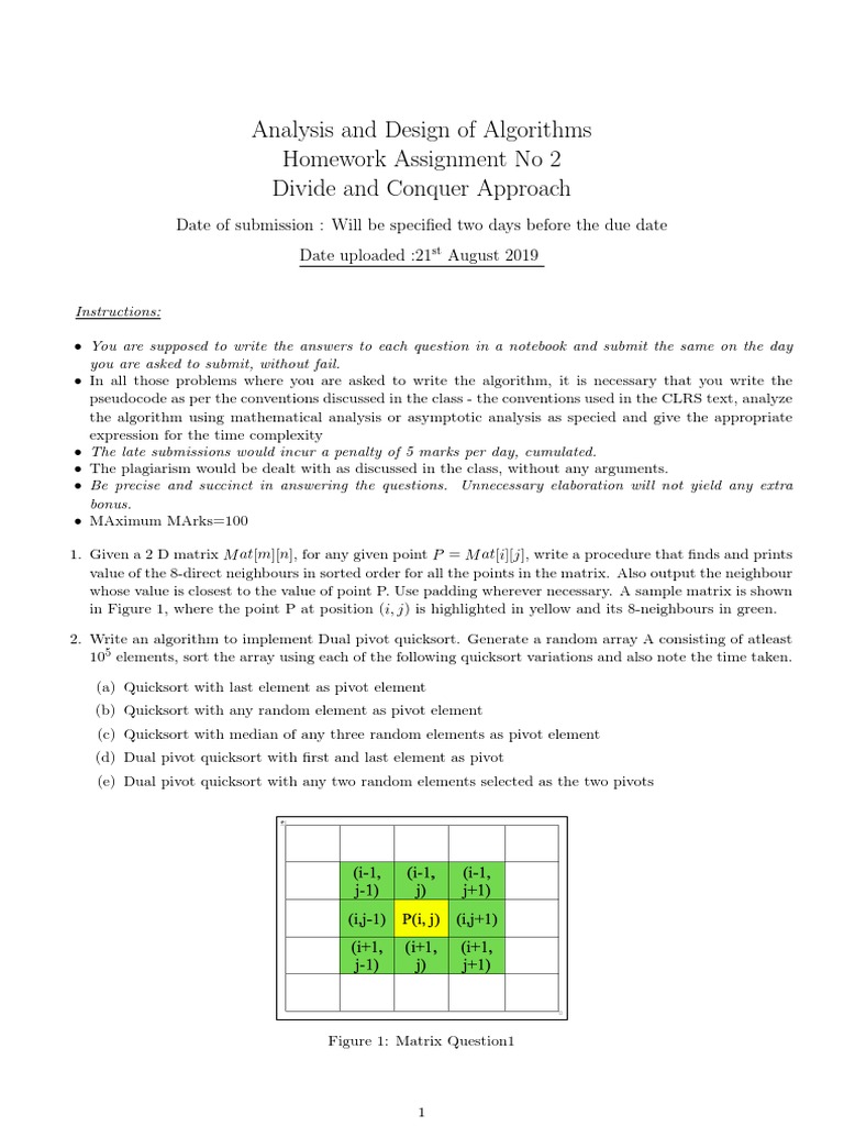 Analysis and Design of Algorithms Homework Assignment No 2 Divide and Conquer Approach | PDF ...