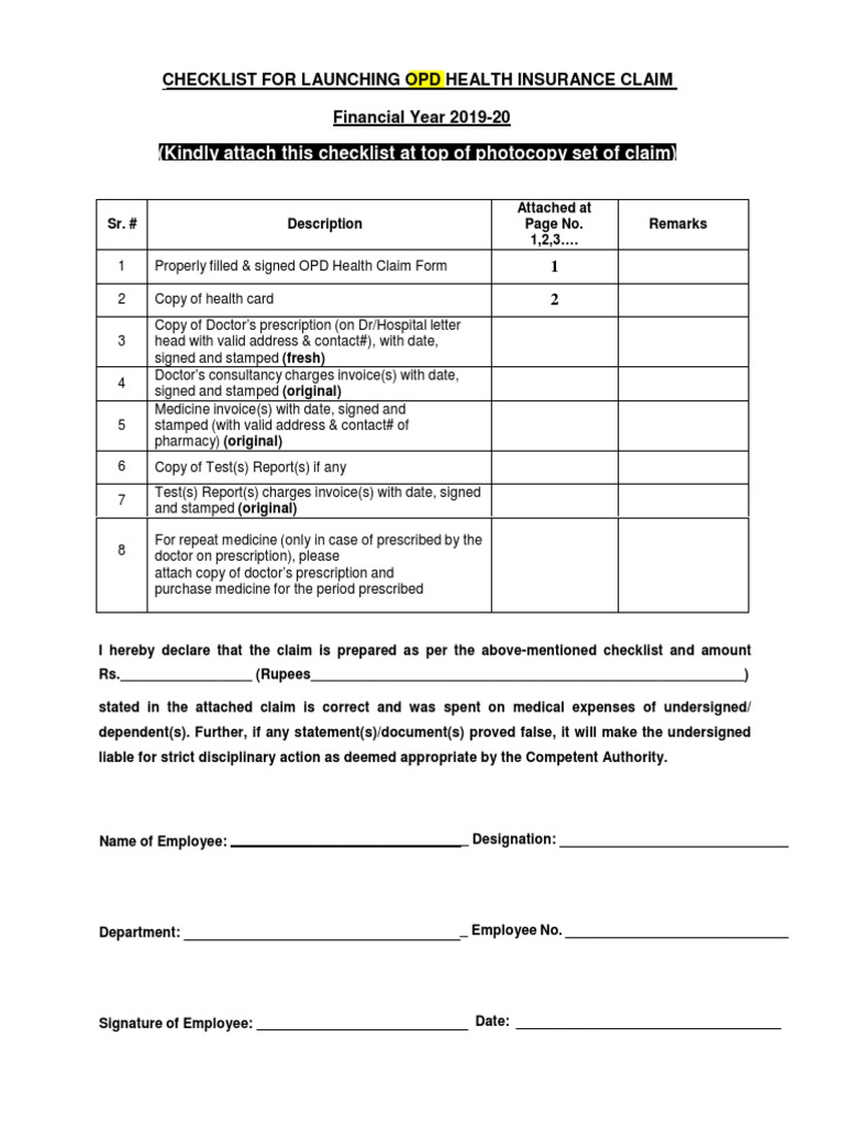 01 Check-List For OPD Claim | PDF