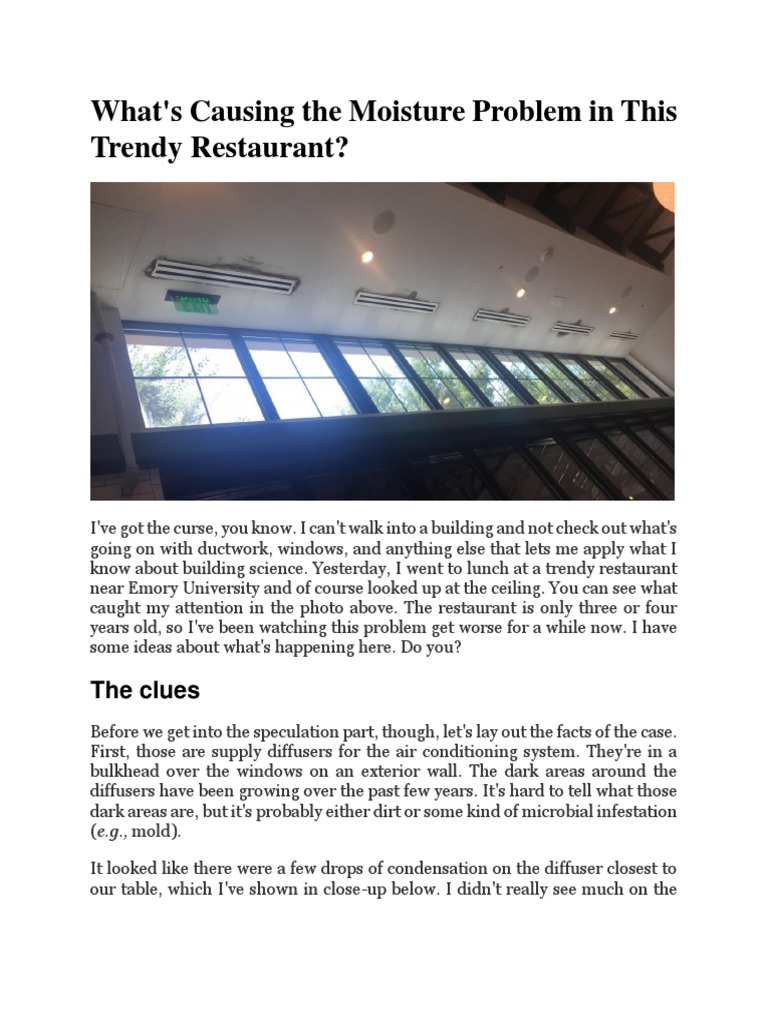 Restaurant Moisture Condensation Issues | PDF | Kitchen | Duct (Flow)