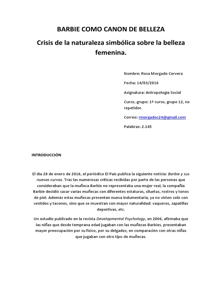 Barbie Como Canon de Belleza | Descargar gratis PDF | Barbie | Mujer