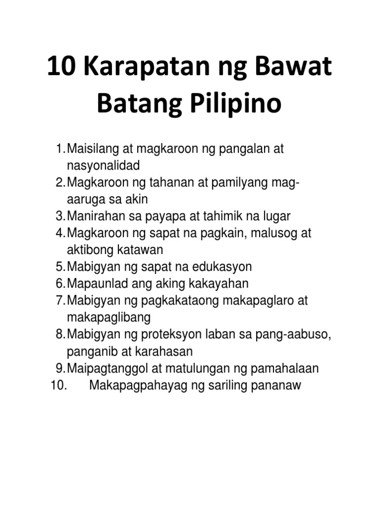 10 Karapatan Ng Bawat Batang Pilipino
