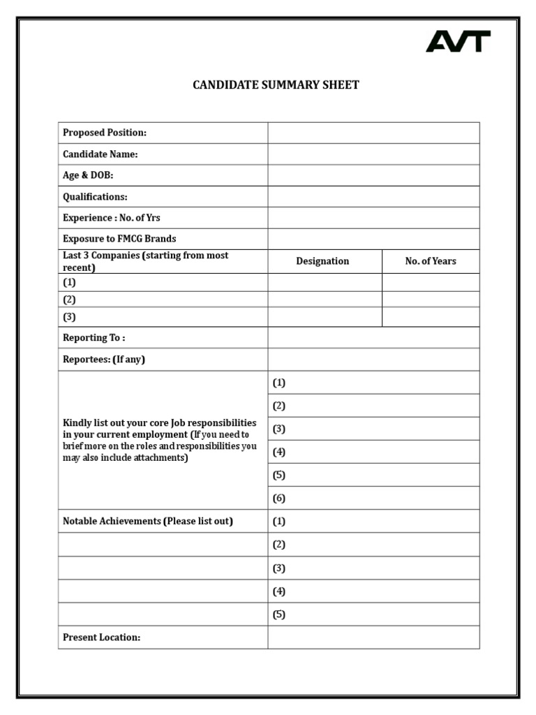 CANDIDATE SUMMARY SHEET - Office | PDF