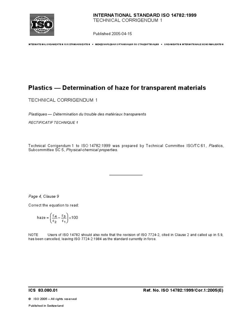 ISO 14782-1999 Cor1-2005 Determination of Haze For Transparent Material ...