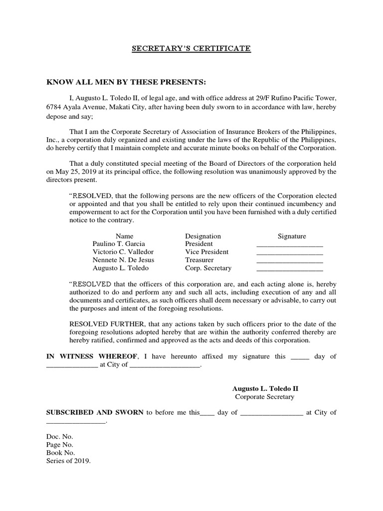 Sample Secretary's Certificate | PDF | Government | Government Information