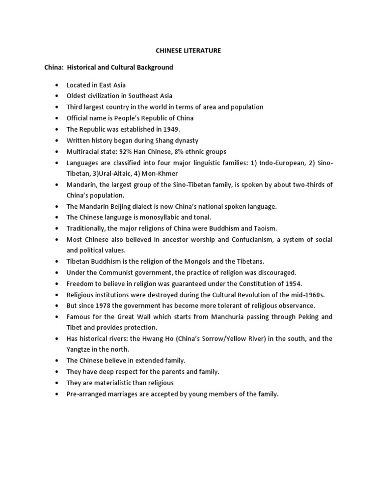 Chinese Literature China: Historical and Cultural Background | PDF ...