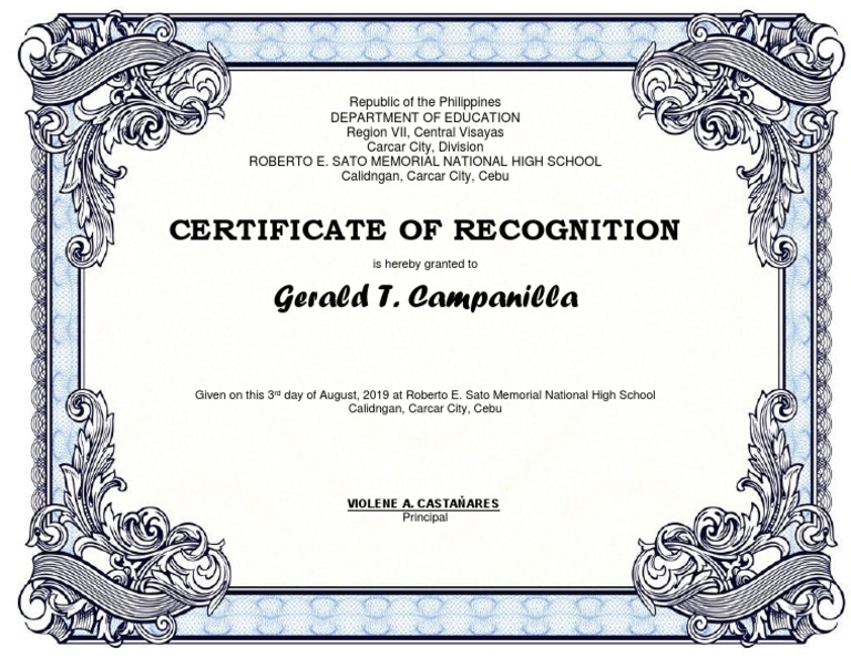 Certificate of Recognition Alumni