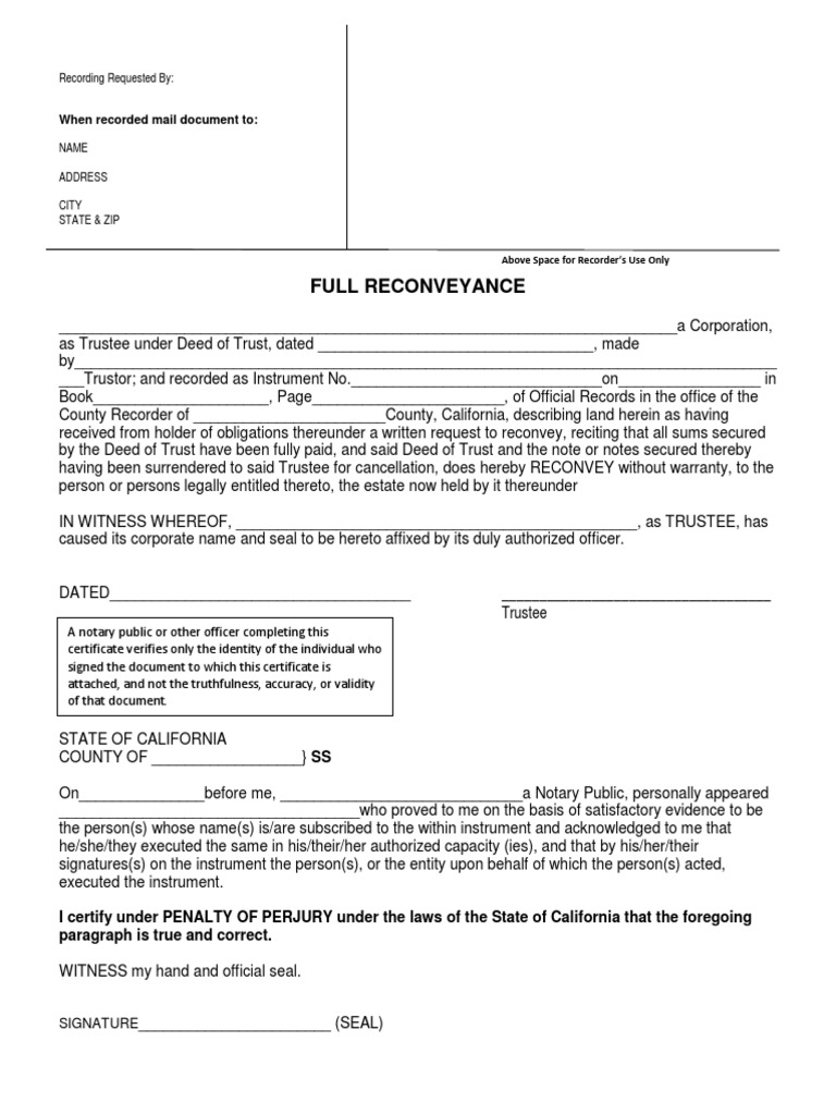 Full Reconveyance Form | PDF | Deed | Deed Of Trust (Real Estate)