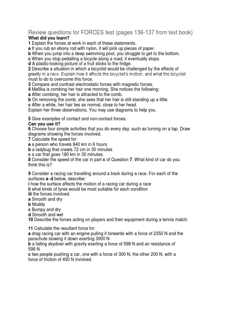 Forces Test Review Questions | PDF