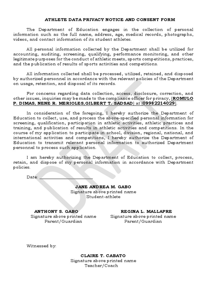 03 School Sports Draft Data Privacy Notice and Consent Form | PDF ...