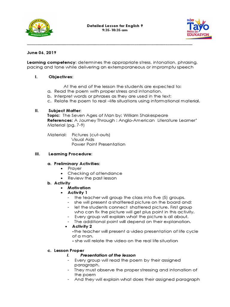 English 9 Lesson: Stress & Intonation | PDF | Lesson Plan | Cognition