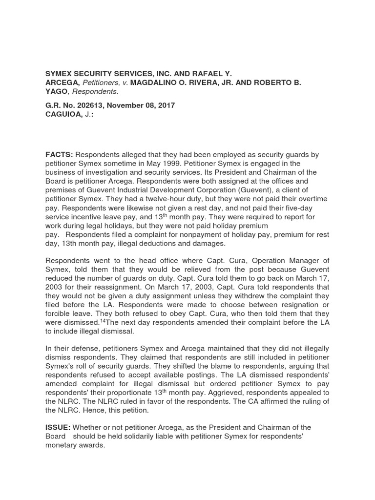 Symex Security Services Inc. v. Rivera, Jr. G.R. No. 202613 | PDF ...