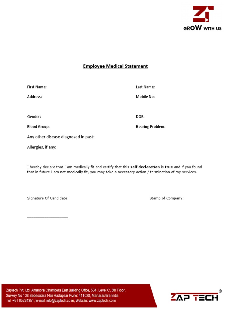 Employee Medical Statement: First Name: Last Name: Address: Mobile No | PDF