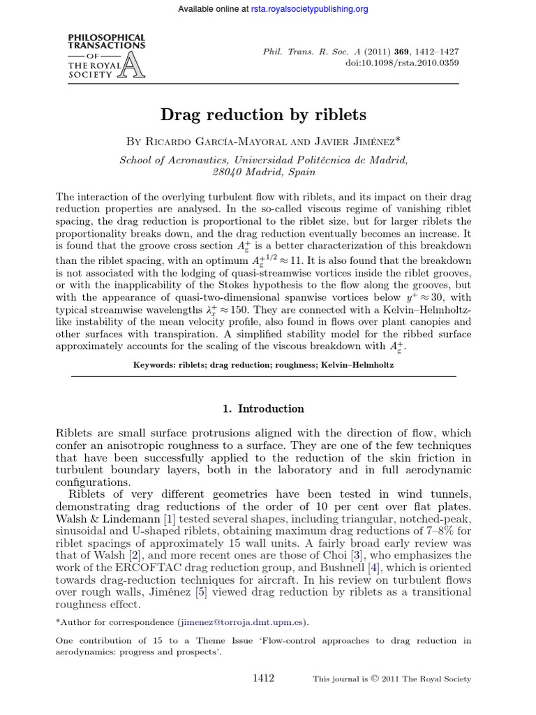 Drag Reduction Using Riblets | PDF | Drag (Physics) | Boundary Layer