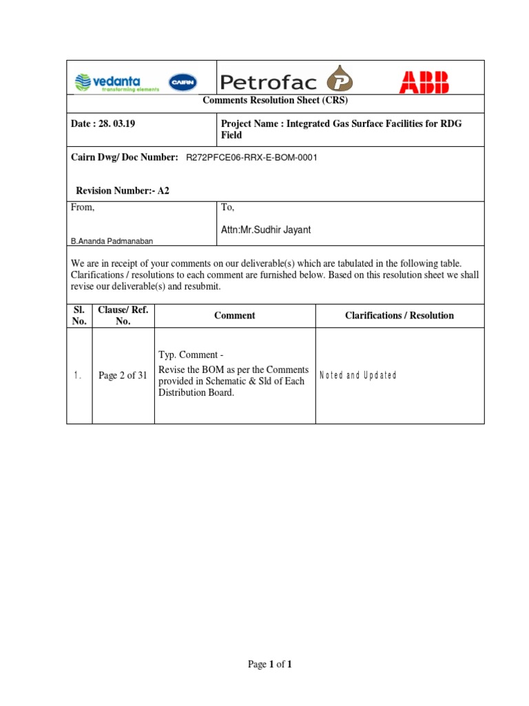 Comments Resolution Sheet (CRS) Date: 28. 03.19 Project Name ...