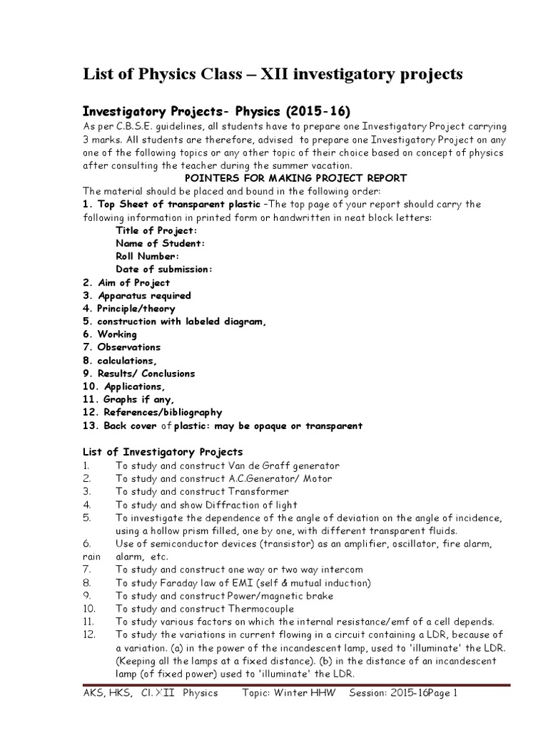 List of Physics Class - XII Investigatory Projects | PDF | Inductor | Transformer