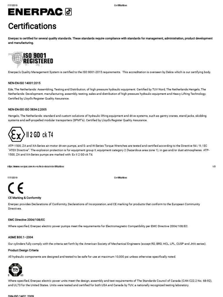 Certifications Enerpac P 392 PDF | PDF | Engineering | Science