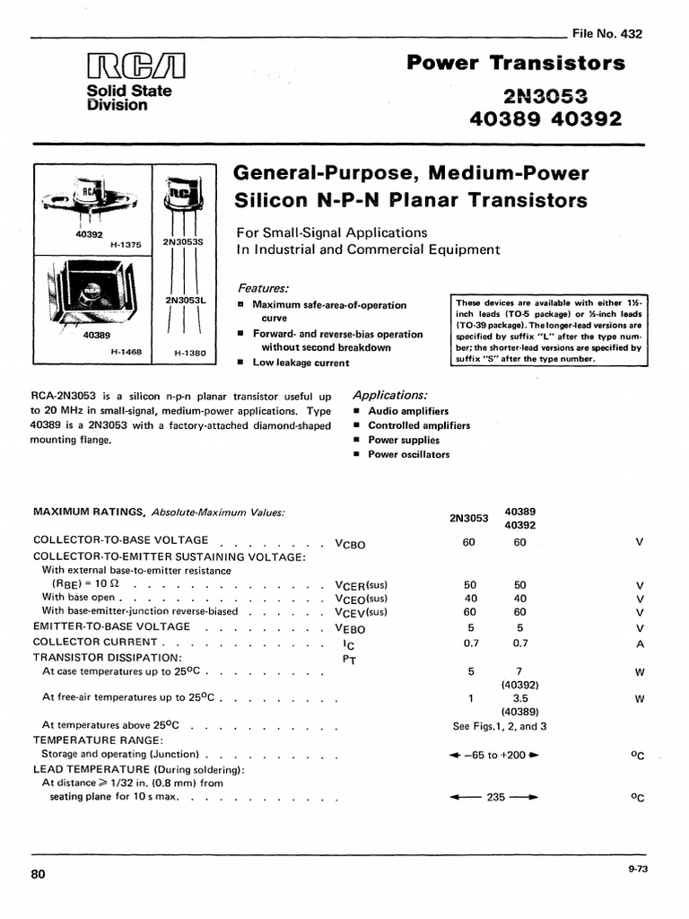 Datasheet of RCA Power Transistor 40389 | PDF | Transistor | Semiconductors