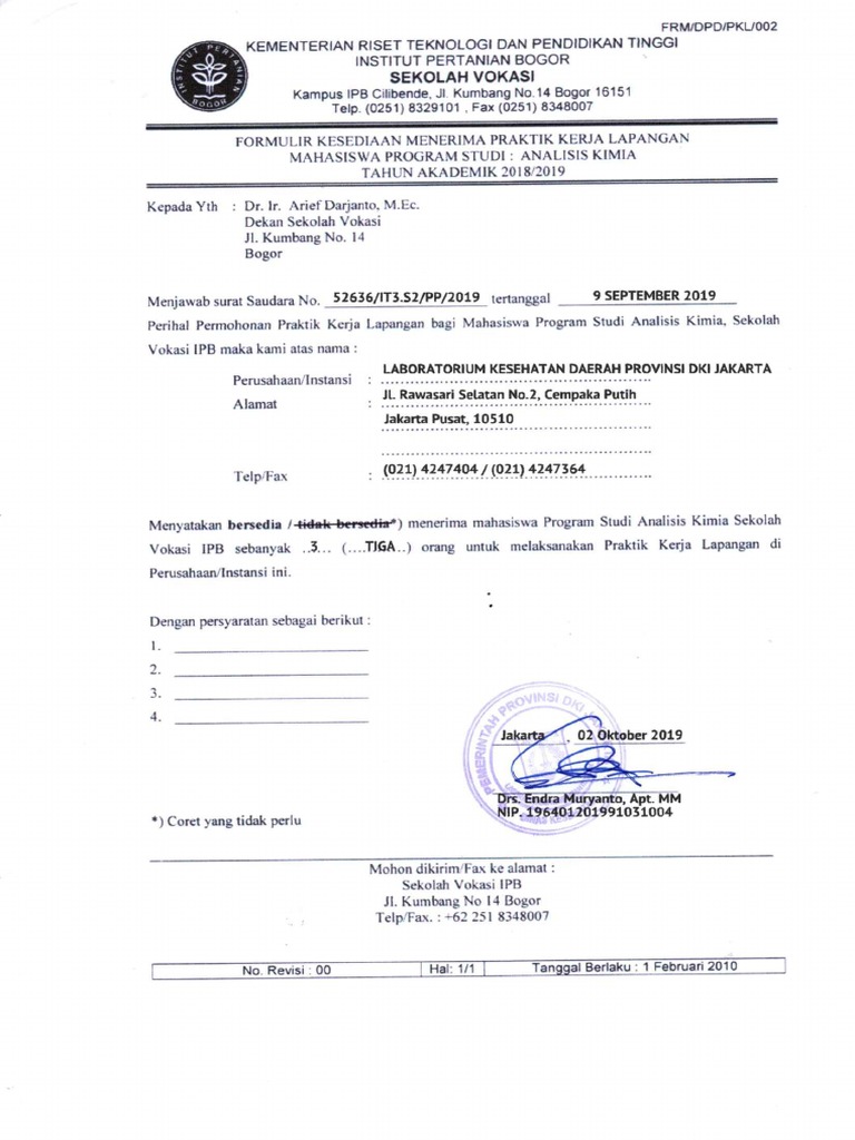 Balasan Surat D3 Analis Kimia IPB PDF | PDF