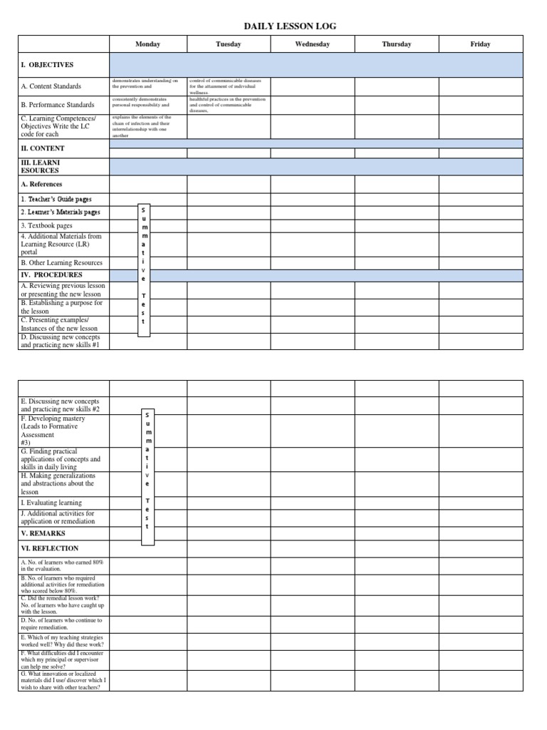 Daily Lesson Log: Monday Tuesday Wednesday Thursday Friday | PDF ...