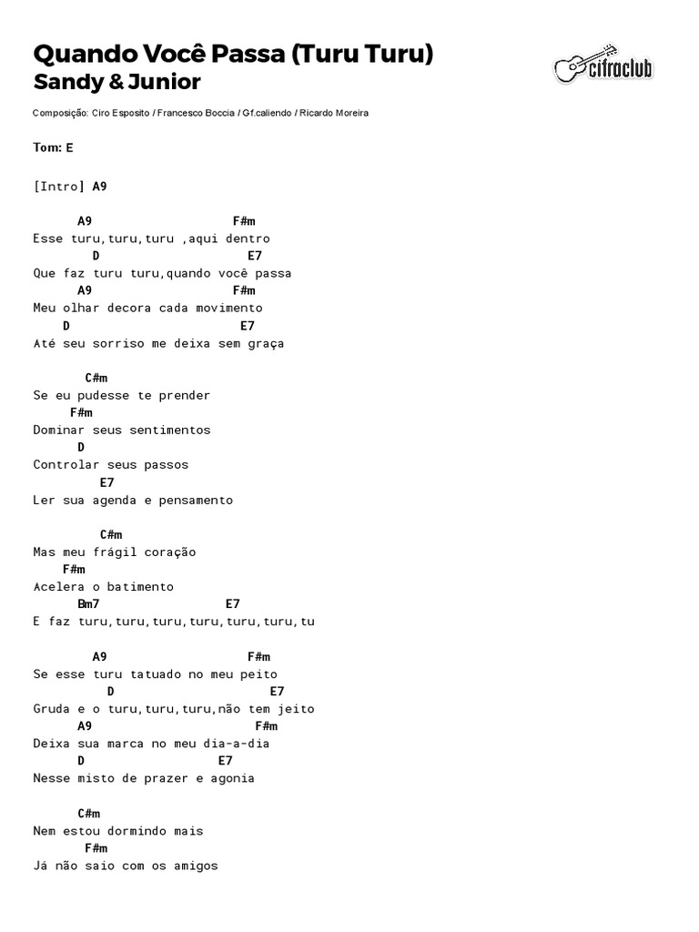 Cifra Club - Sandy & Junior - Quando Você Passa (Turu Turu) Tom Confortável | PDF