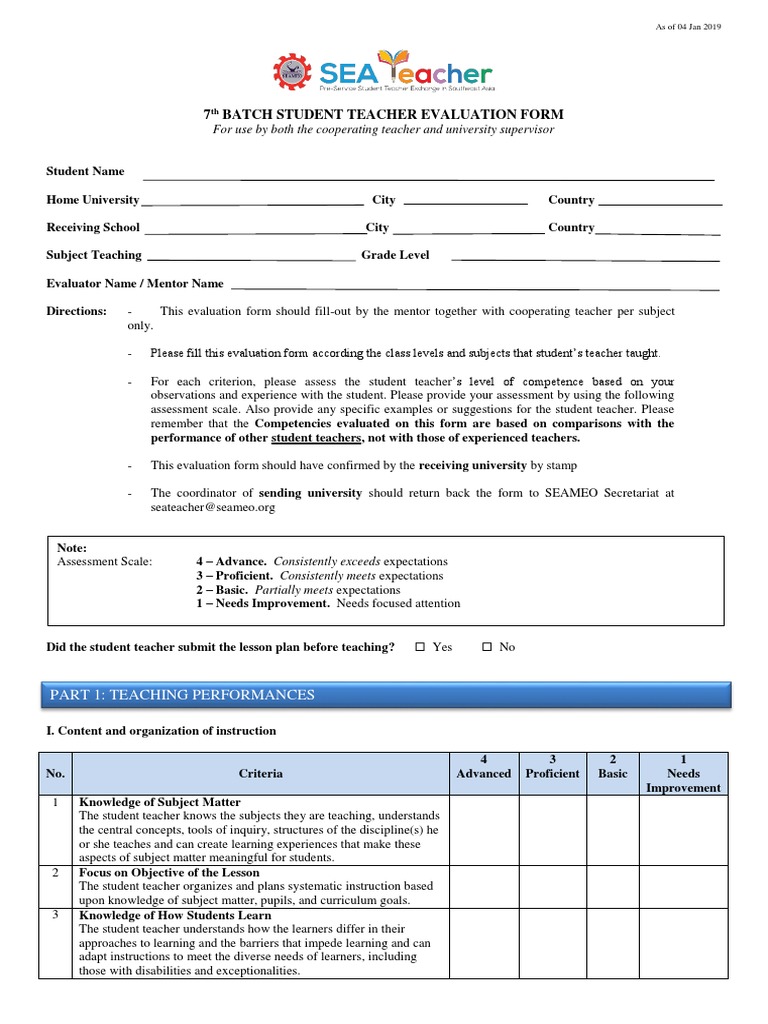 7 Batch Student Teacher Evaluation Form: For Use by Both The Cooperating Teacher and University ...