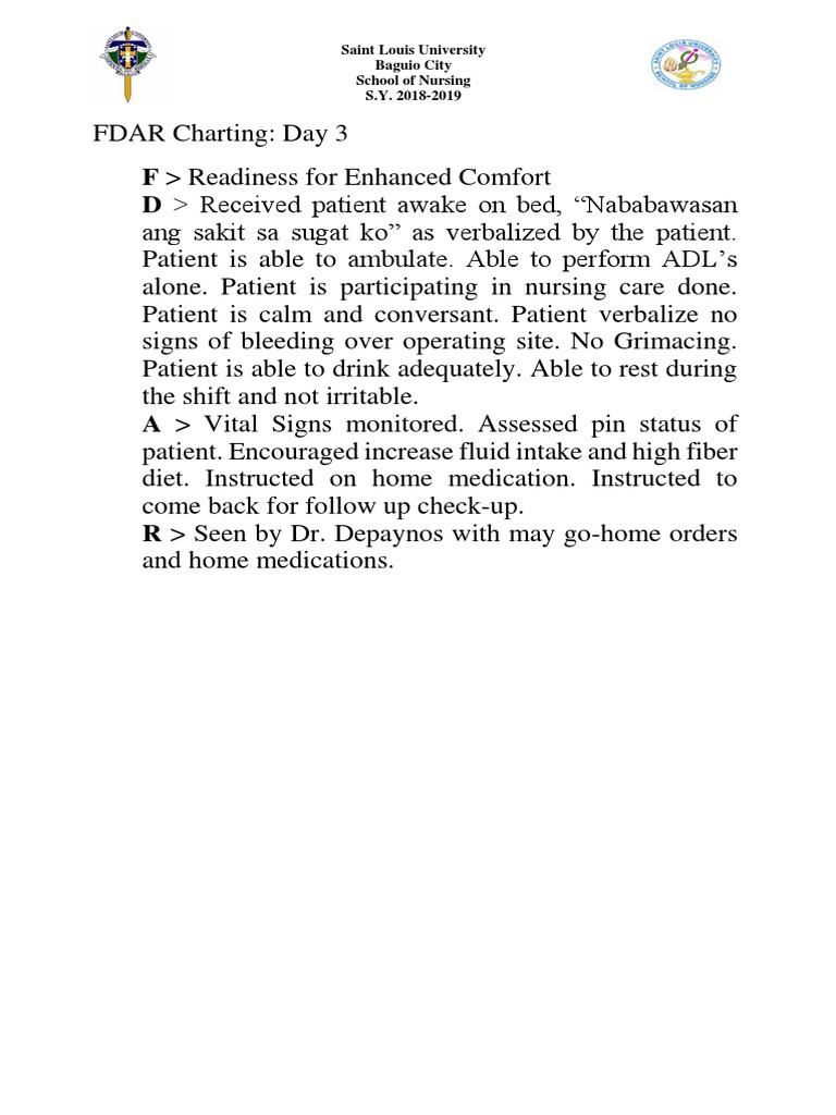 FDAR Charting - Readiness For Enhanced Comfort | PDF | Self-Improvement ...