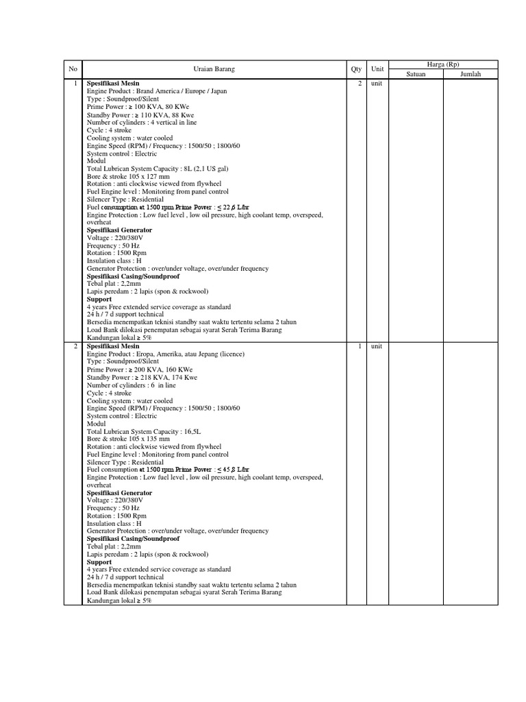 Spek Tek & Support Genset 100 KVA-200KVA | PDF | Engines | Electric Generator