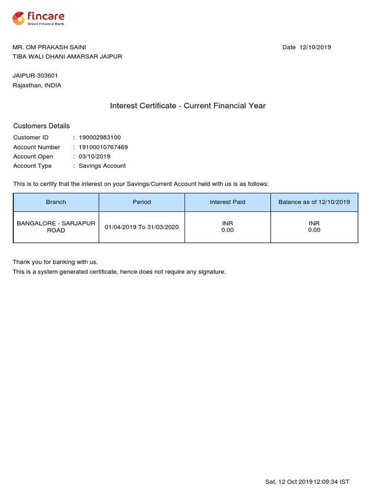 Interest Certificate - Current Financial Year: Customers Details | PDF ...