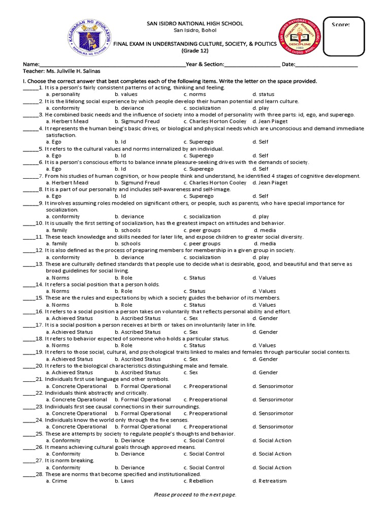 Grade 12 UCSP Final Exam Review | PDF | Id | Deviance (Sociology)