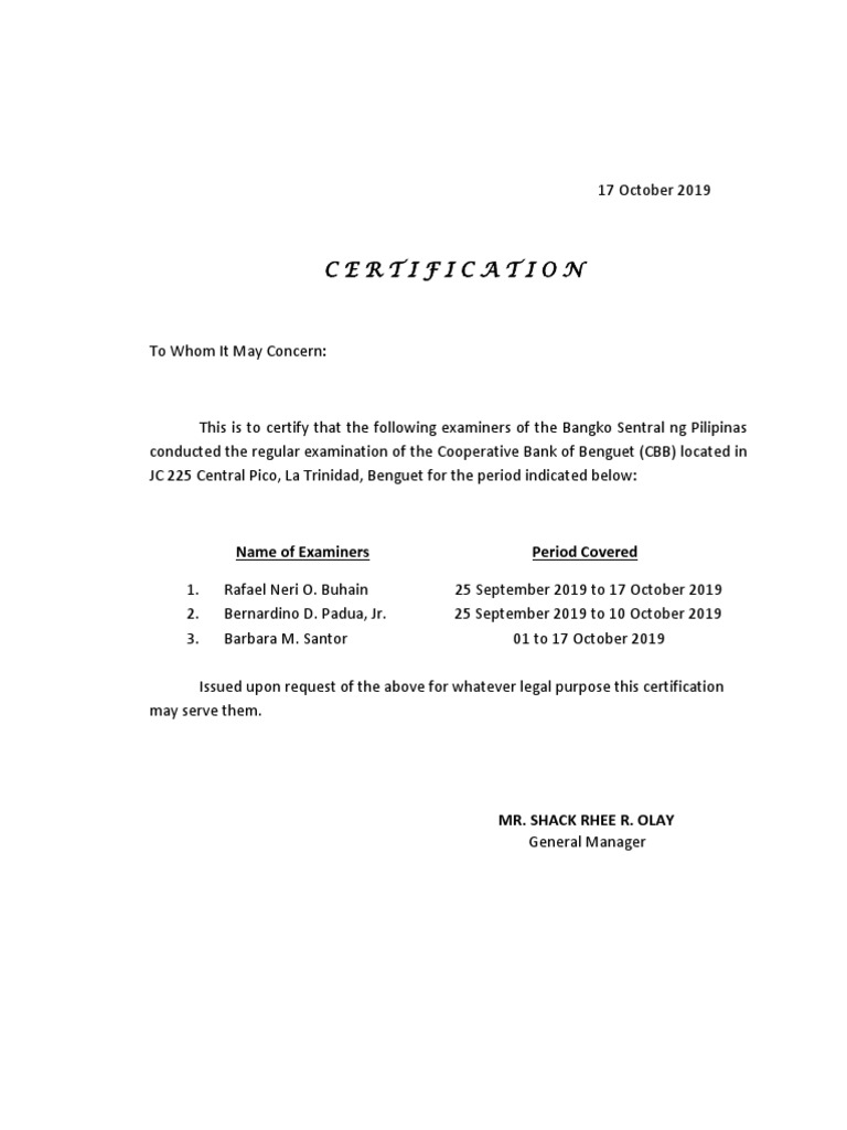 Certification of Appearance