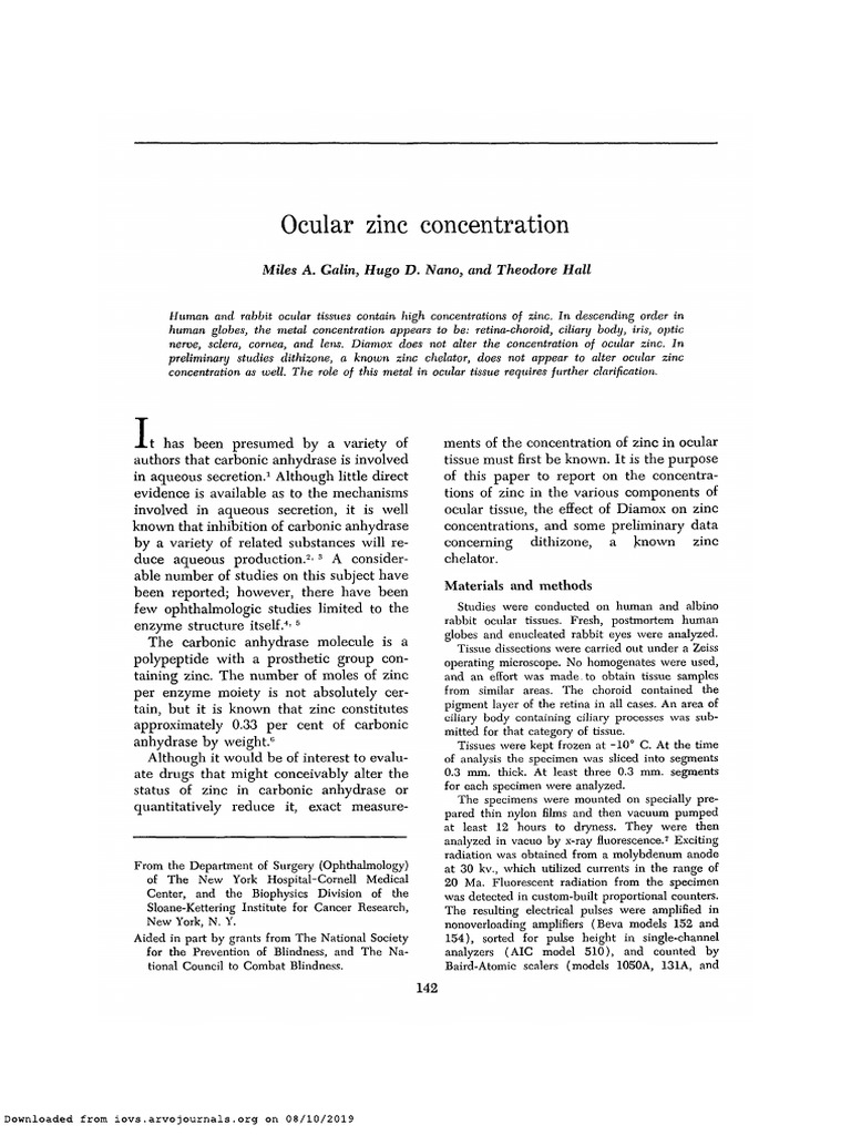 Ocular Zinc Concentration: Miles A. Galin, Hugo D. Nano, and Theodore ...