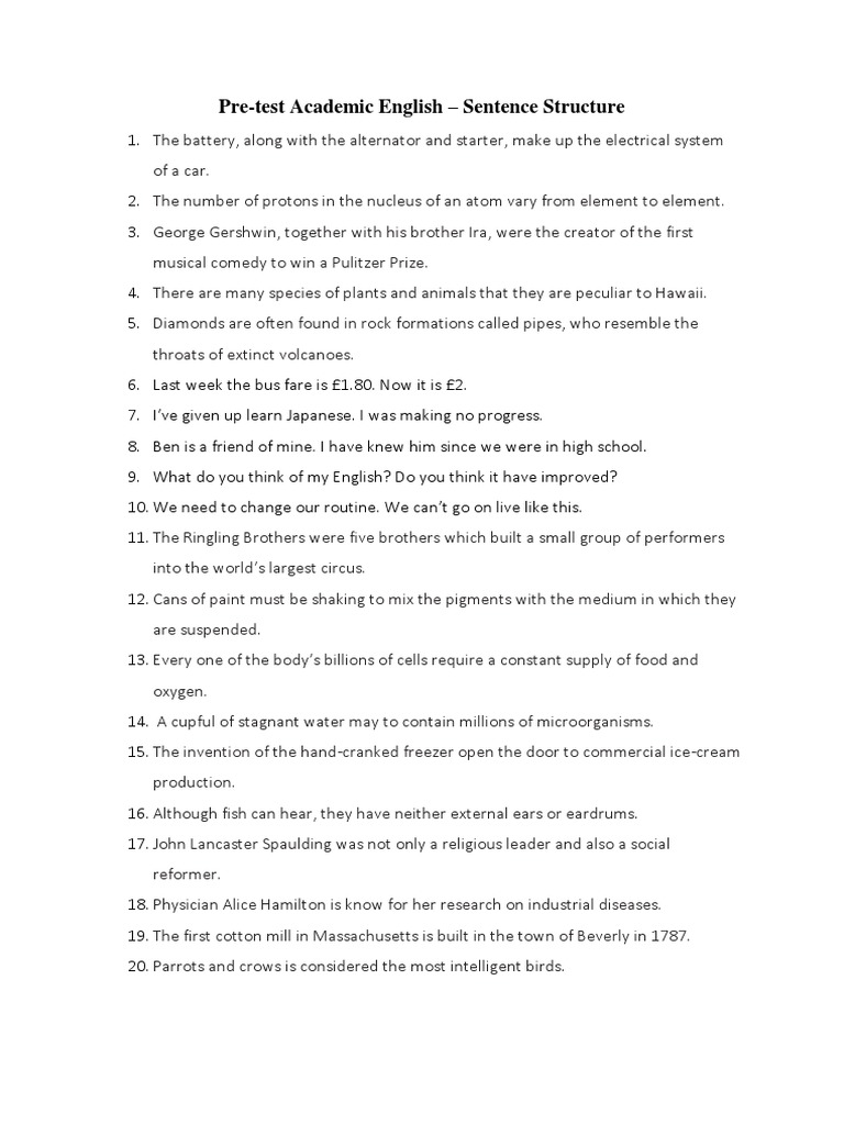 Pre-Test Academic English - Sentence Structure | PDF