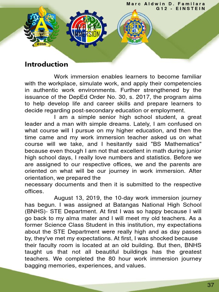 Sample Work Immersion Portfolio | PDF | Teachers | Classroom