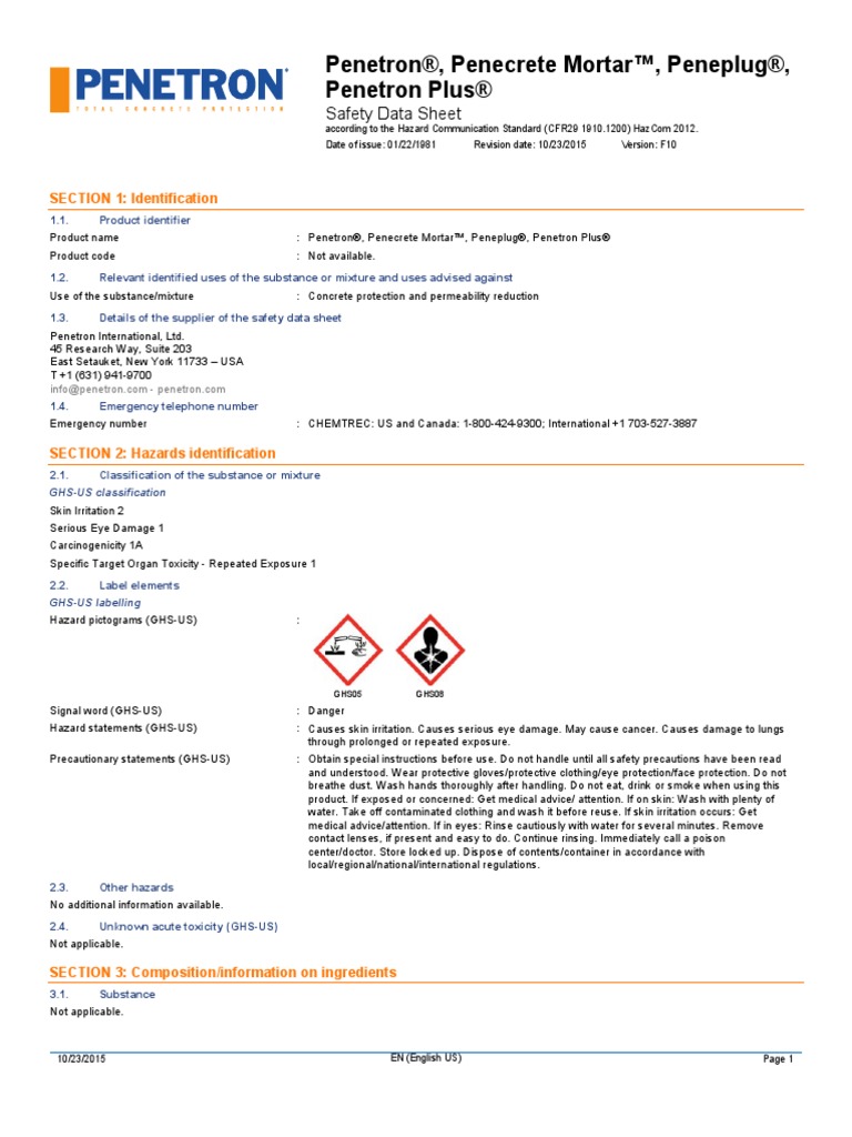 Penetron Penecrete Mortar Peneplug Penetron Plus SDS F10-3 | PDF | Toxicity | Personal ...