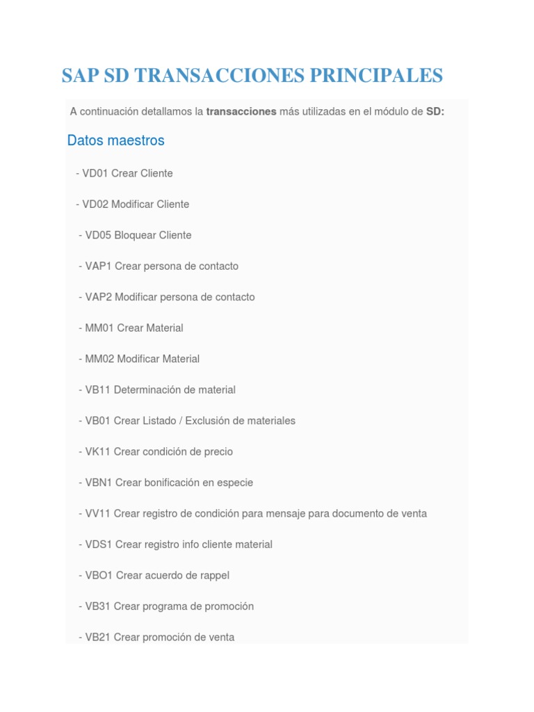 Transacciones Clave en SAP SD | PDF