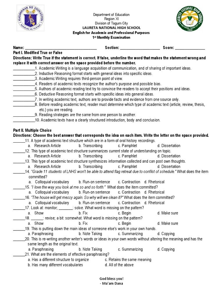 EAPP 1st Monthly Examination | PDF | Thesis | Plagiarism EAPP 1st Monthly Examination | PDF | Thesis | Plagiarism