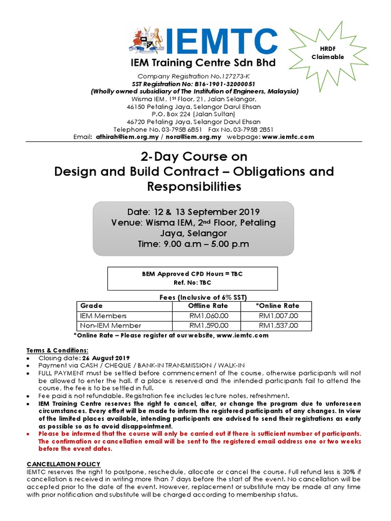 2-Day Course On Design and Build Contract - Obligations and ...