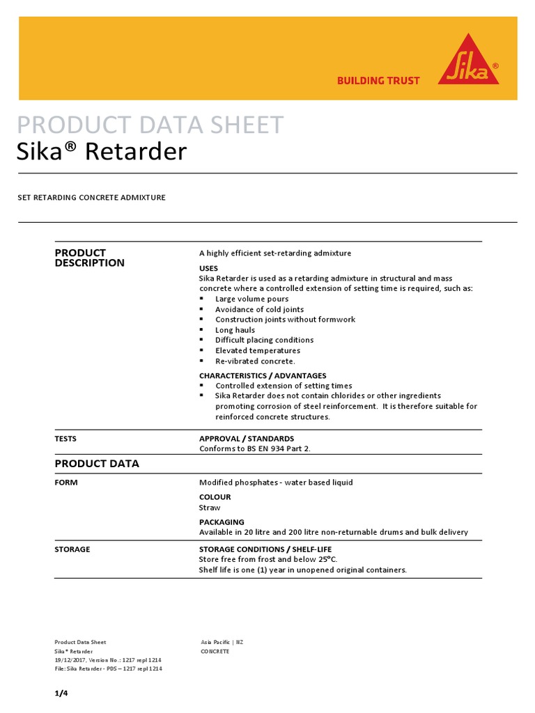 Product Data Sheet: Sika® Retarder | PDF | Concrete | Cement