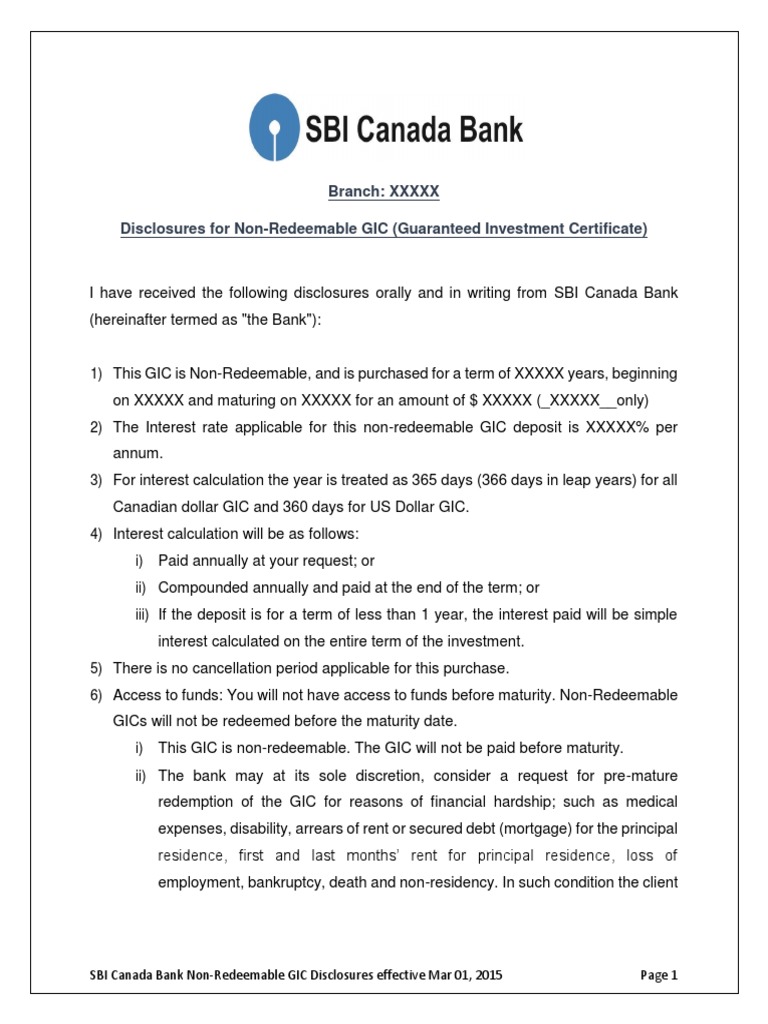 Non Redeemable GIC Disclosures | PDF | Deposit Insurance | Banks