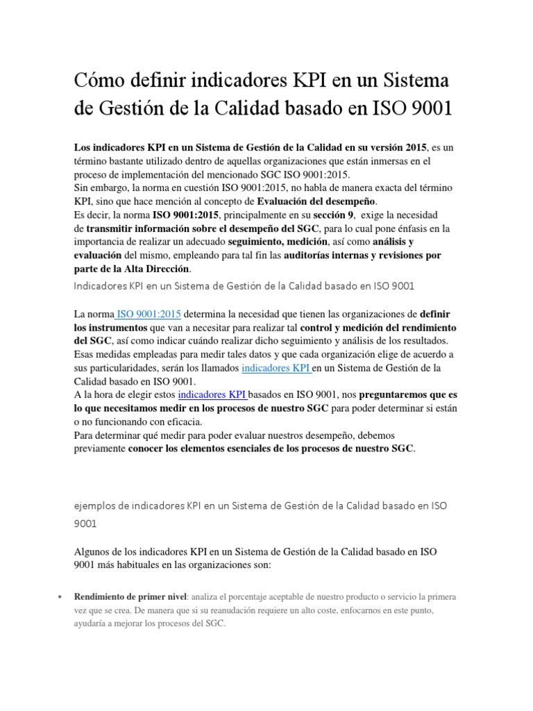 Cómo Definir Indicadores KPI en Un Sistema de Gestión de La Calidad ...