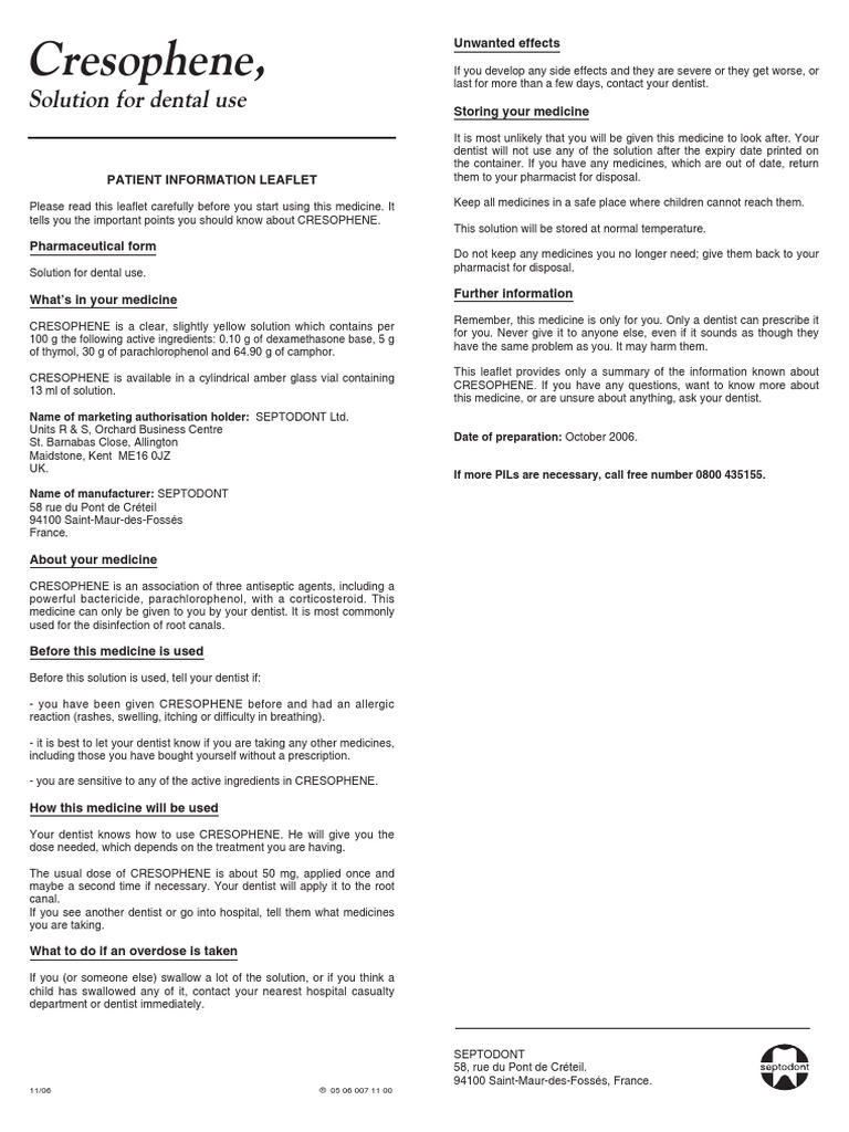 Cresophene Patient Information Leaflet S 05 06 007 11 00 PDF | PDF ...