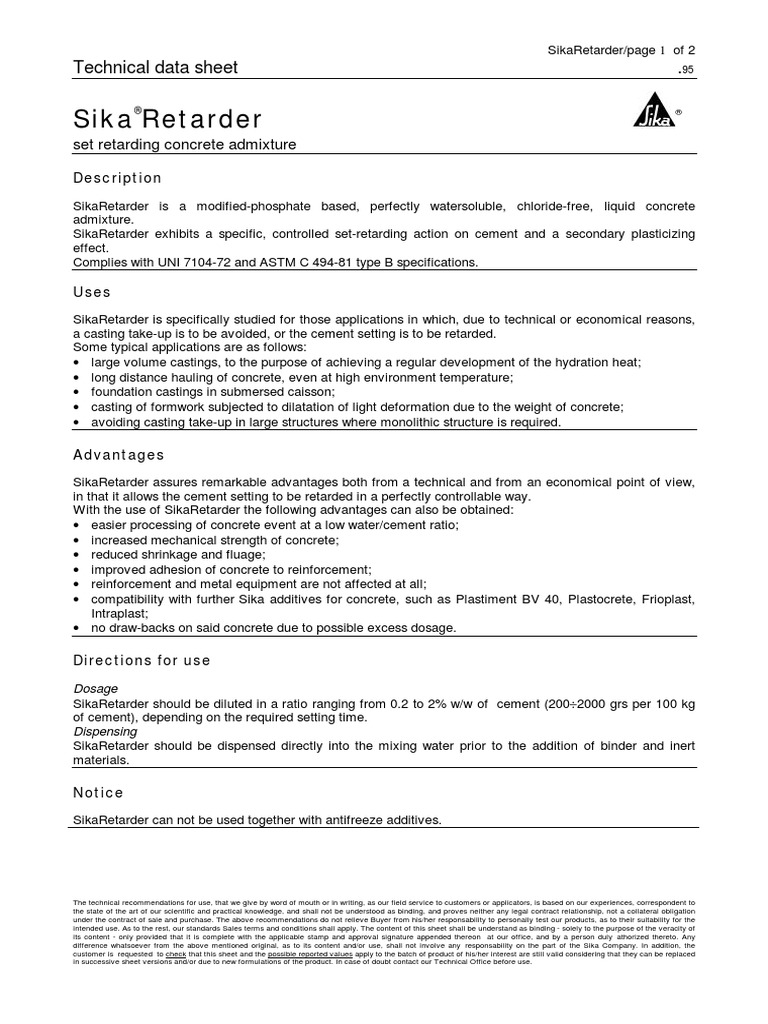 Sika Retarder: Technical Data Sheet | PDF | Concrete | Materials